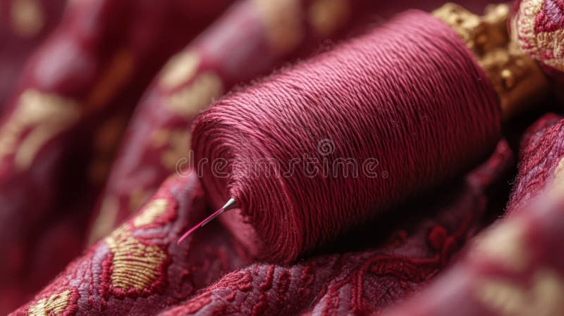 Crimson Thread Spool Rests on Rich Embroidered Fabric Stock ...