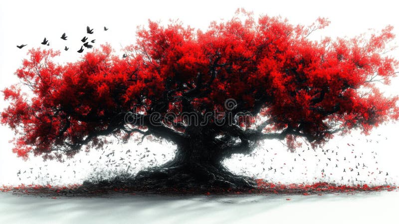Crimson Tree, Birds in Flight Stock Image - Image of design, nature ...