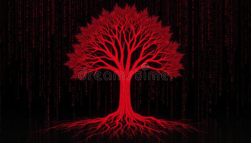 Crimson Tree with Data Roots and Matrix Code Patterns Symbolizing ...