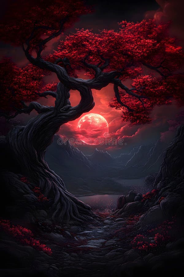 Crimson Tree Framing Full Red Moon Over Valley Stock Illustration ...