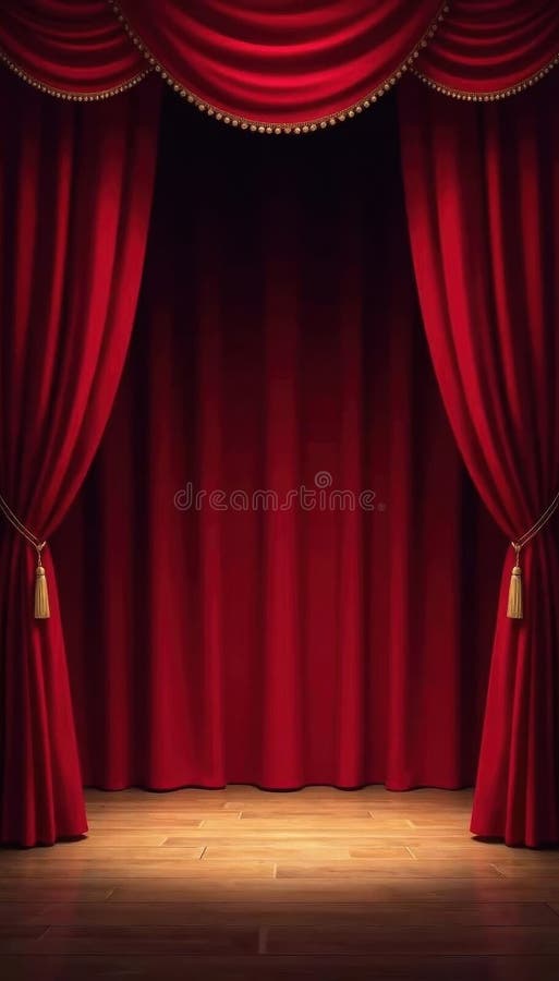 Crimson Velvet Curtains, Spotlight on Empty Stage, Empty Stage, Curtain Stock Illustration ...