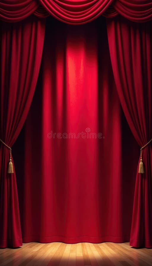 Crimson Velvet Stage Curtains, Single Spotlight Illuminates Center ...