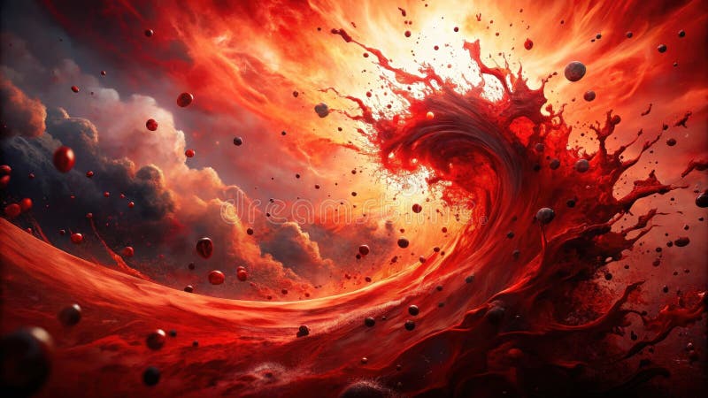 Crimson Wave Crashing through a Fiery Sky Abstract Digital Art of a ...
