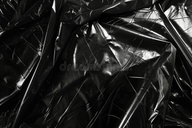 Crinkled Black Plastic Bag with Shiny Surface Reflects. Close-up View ...