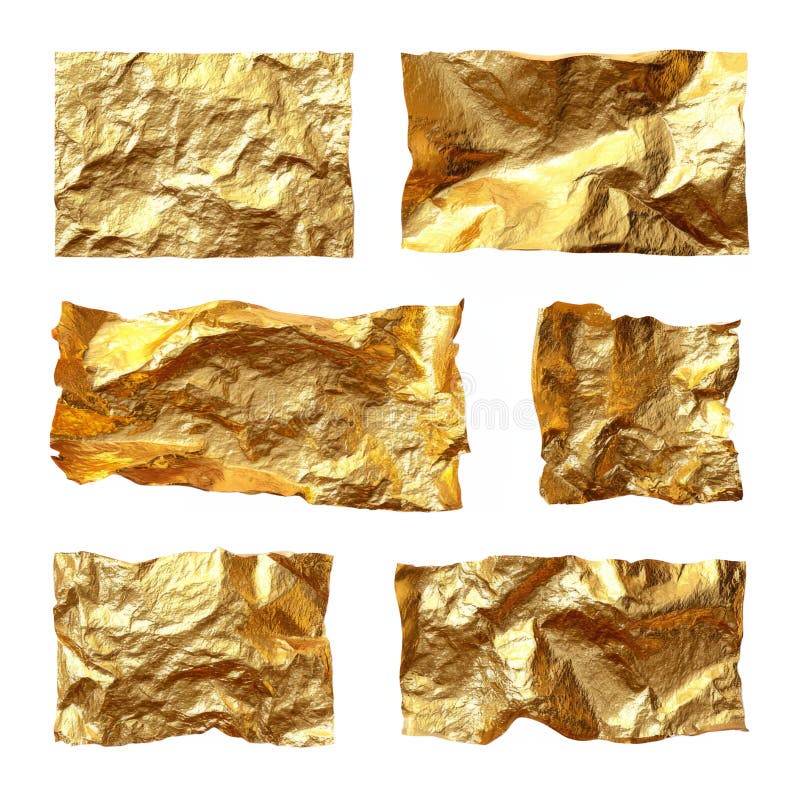 Crinkled Gold Foil Texture Element Set, Realistic Metallic Shine Stock ...