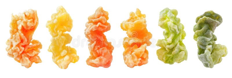 Crinkled Snacks in a Row with Varying Flavors and Textures on White ...