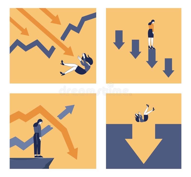 Crisis Concept Set. Bankruptcy with Falling Down Profit Graph and Money Stock Vector ...