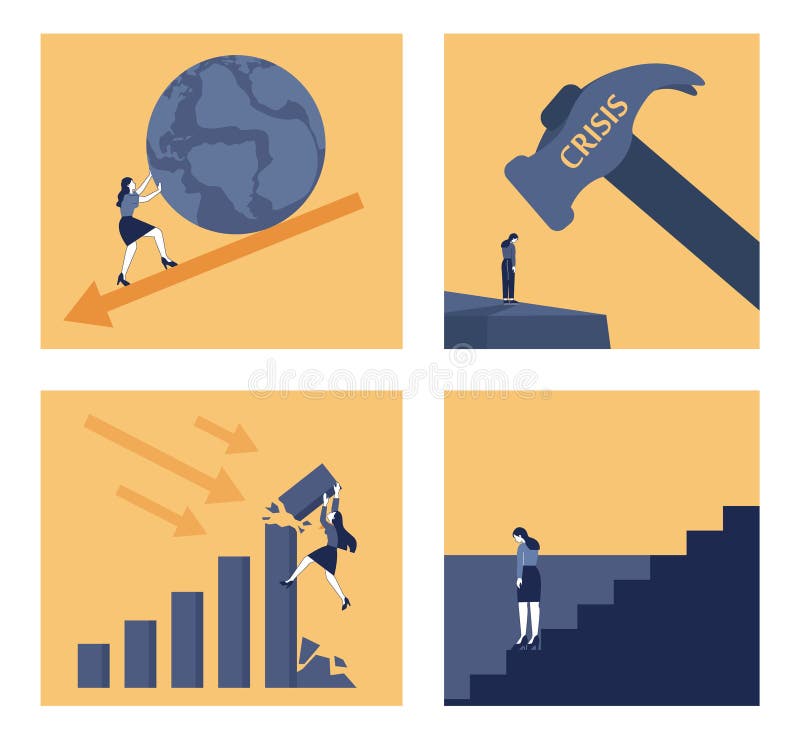 Crisis Concept Set. Bankruptcy with Falling Down Profit Graph and Money Stock Vector ...