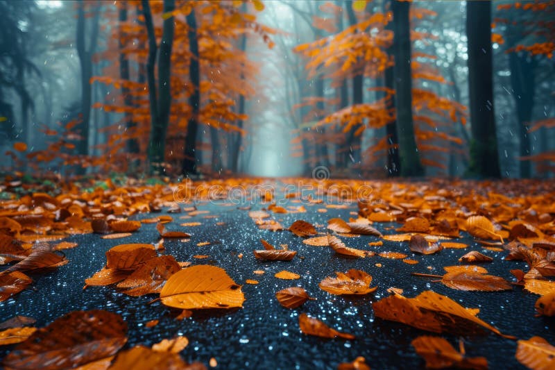 Crisp Autumn Leaves Lying beside a Quiet Forest Path, Morning Dew ...