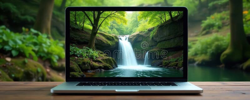 Crisp Forest Waterfall View; Laptop Screen Displays Photo Editing ...
