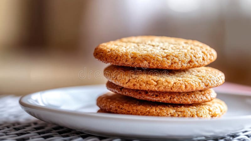 Crisp Golden Cookies Stacked on White Plate in Soft Focus Kitchen ...