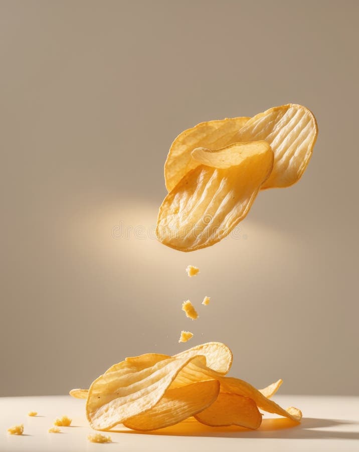 Crisp Golden Potato Chips with Light Flare and Falling Crumbs Stock ...