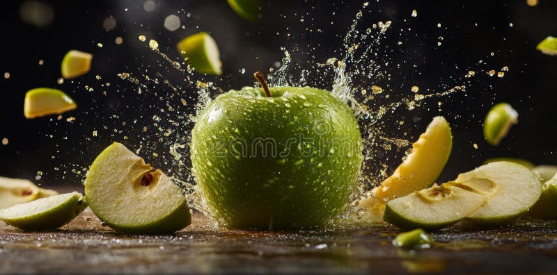 A Crisp Green Apple, Highlighted by Splashing Water and Surrounded by ...