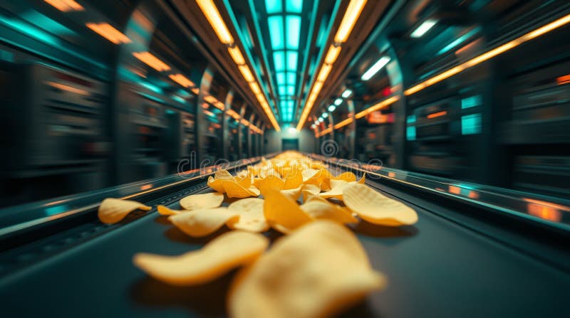Potato Chips Moving on a Conveyor Belt through a Futuristic Factory. a ...