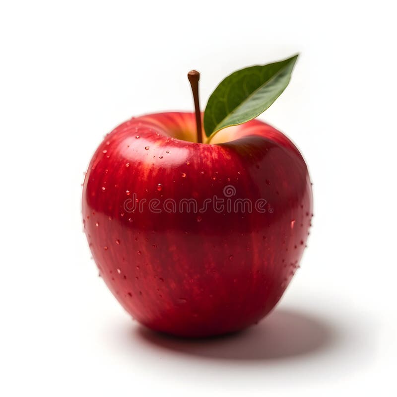 Crisp Red Apple with Leaf and Water Droplets on White Background Stock ...