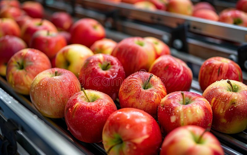 Crisp Red Apples in Focus on a Packing Line within a Processing ...