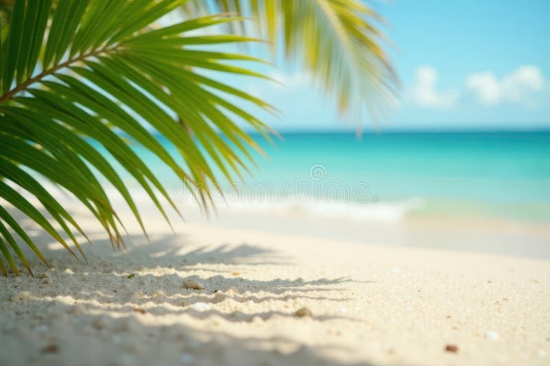 Crisp Sand Texture, in Focus Shadow of Palm Frond, Soft Ocean Backdrop ...