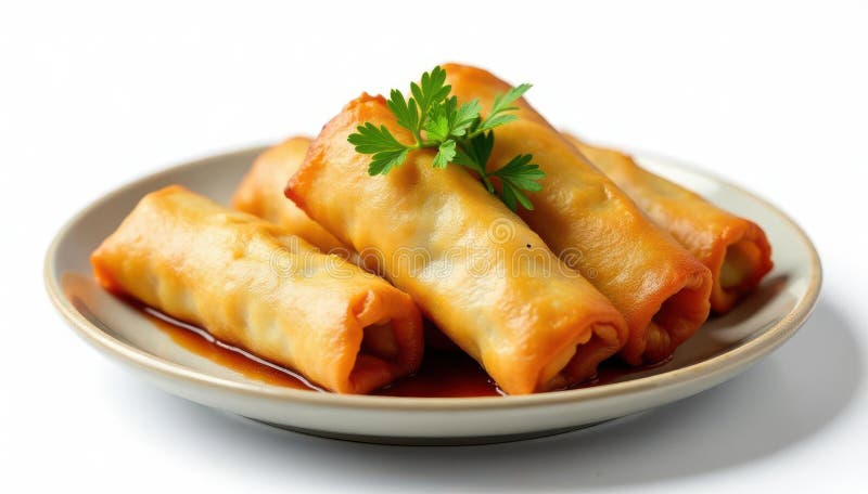 Crisp Spring Rolls, Garnish, Soy Sauce; Isolated White, Crispy, Spring ...