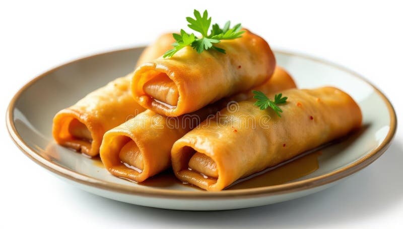 Crisp Spring Rolls, Garnish, Soy Sauce; Isolated White, Meat, Appetizer ...