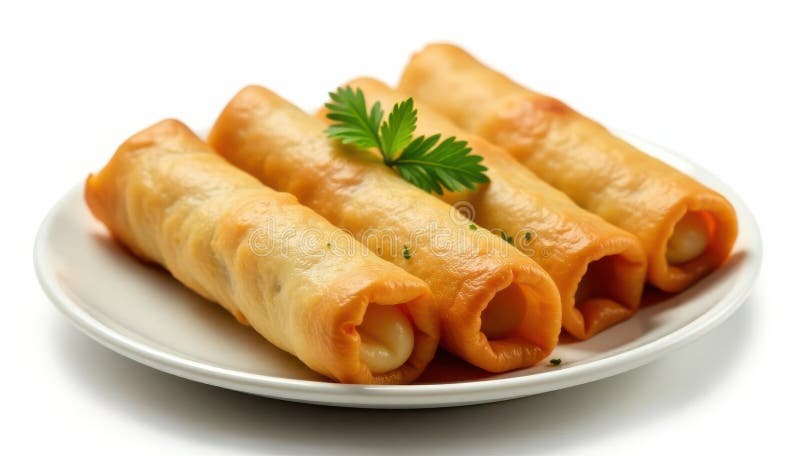 Crisp Spring Rolls, Garnish, Soy Sauce; Isolated White, Overhead, Studio Stock Illustration ...