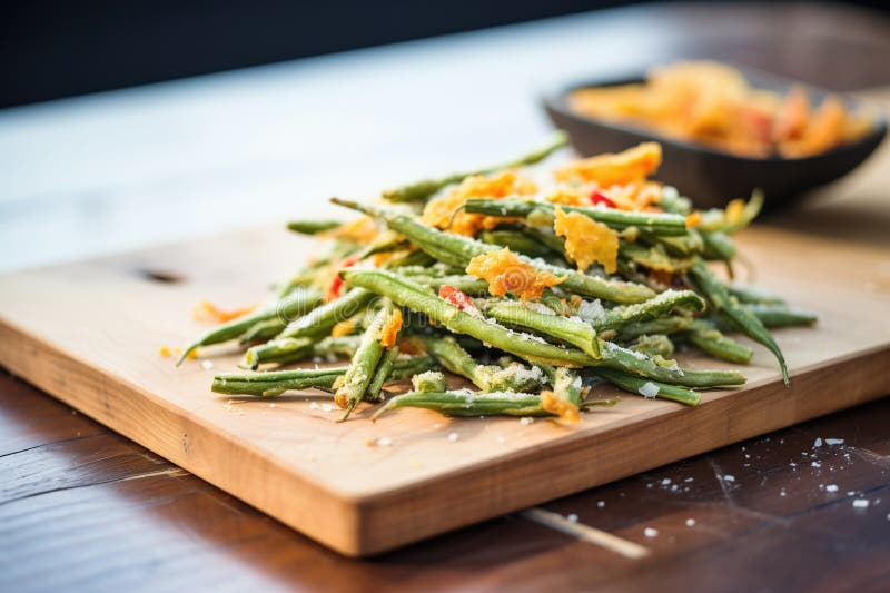 Crisp Tempura Green Beans Piled on a Rustic Board Stock Photo - Image ...