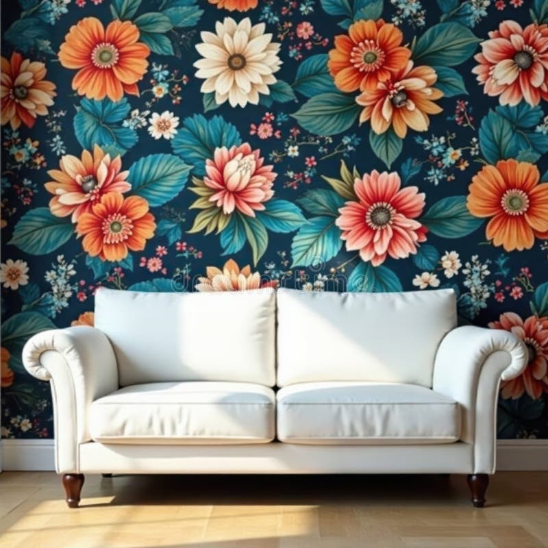 Crisp White Couch Against Vibrant Floral Wallpaper , Texture, White ...