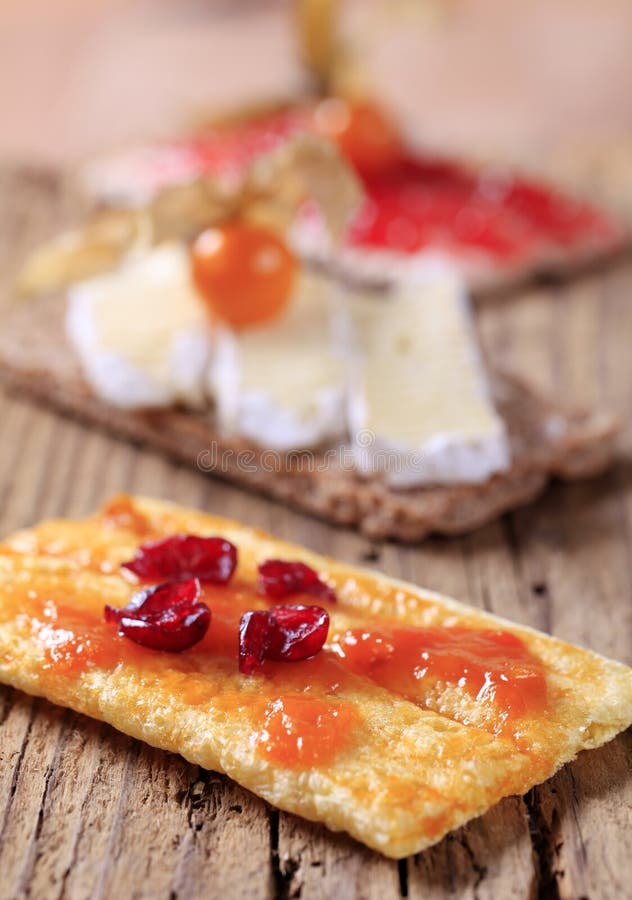 Crispbread with Marmalade, Cheese and Jam Stock Photo - Image of ...
