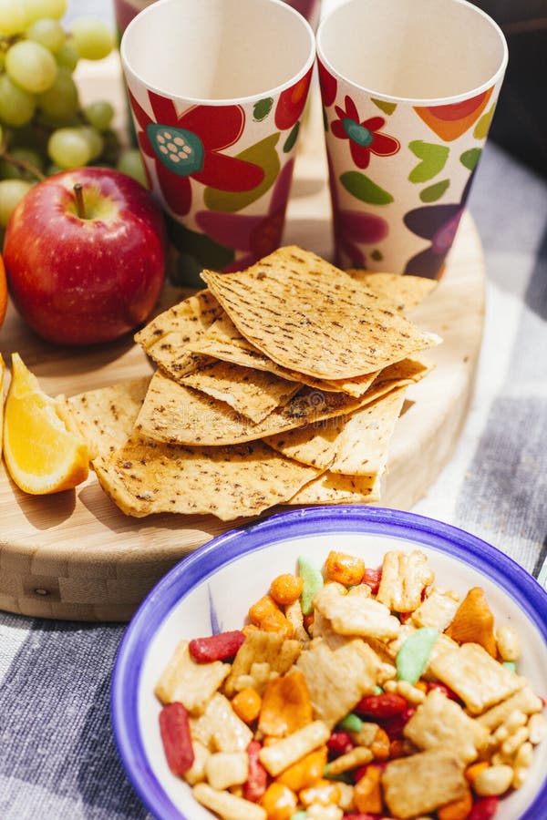Picnic Setting with Fresh Fruit and Snacks Stock Image - Image of meal ...