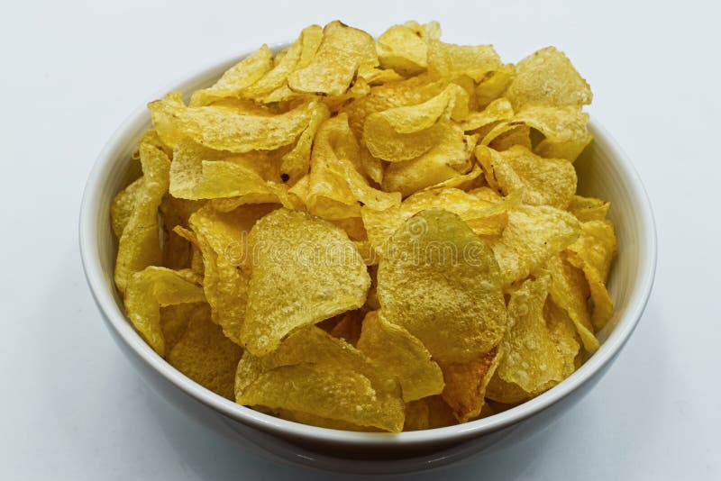 Crisps in Bowl, Potato Chips, Isolated on White Background Stock Image ...