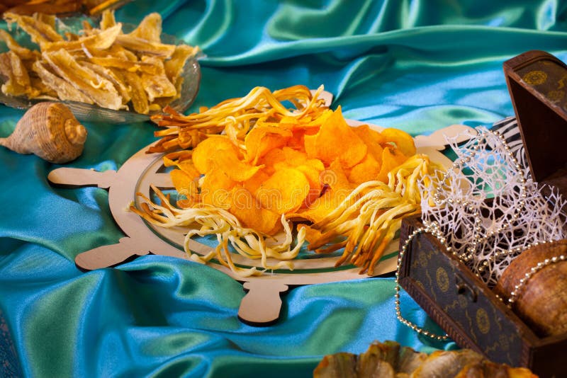 Crisps and Fish Snacks on Wedding Table in Sea Style. Stock Image ...