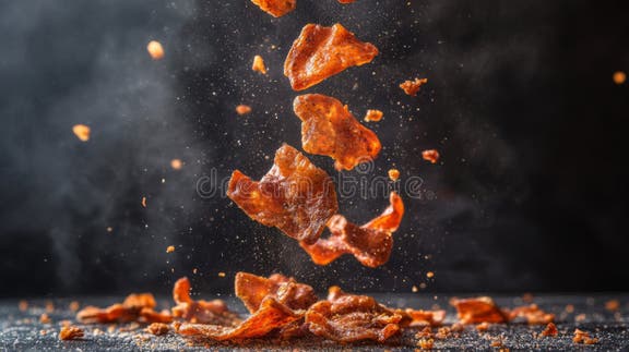 Crispy Bacon Chips Falling Against Dark Background Stock Illustration ...