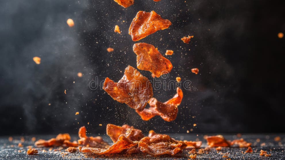 Crispy Bacon Chips Falling Against Dark Background Stock Illustration ...