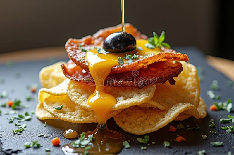 Crispy Bacon and Chips Topped with Runny Egg Yolk and Black Olive ...