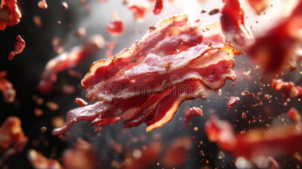 Crispy Bacon Flying Against Dark Background Stock Illustration ...
