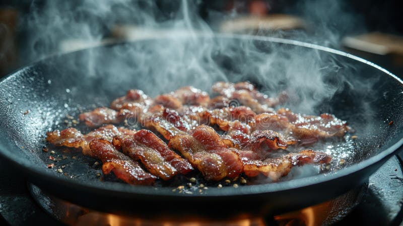 Crispy Bacon Frying in a Pan with Rising Steam Stock Illustration ...