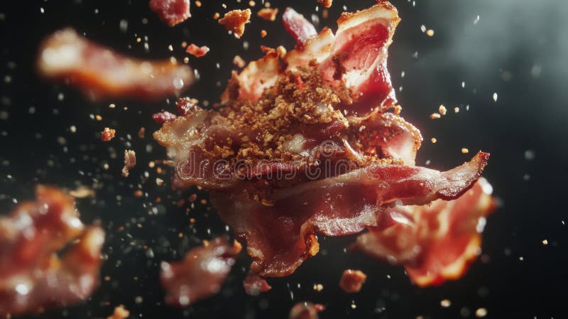 Crispy Bacon Pieces Falling Against Dark Background Stock Illustration ...