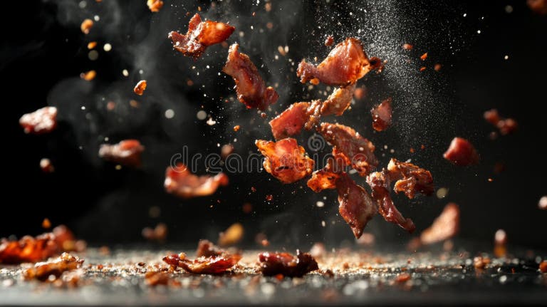 Crispy Bacon Pieces Falling on Dark Background Stock Illustration ...