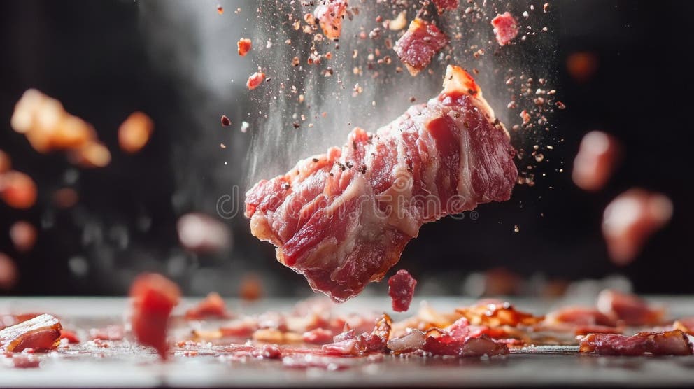 Crispy Bacon Pieces Falling on Dark Background Stock Illustration ...