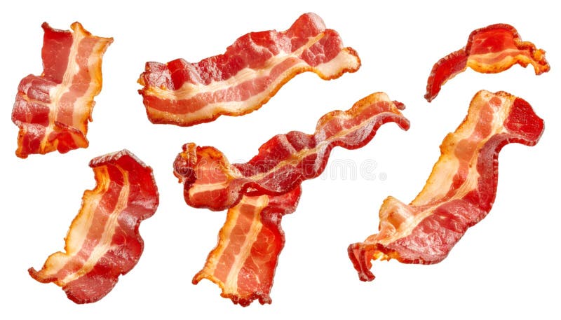 Crispy Bacon Pieces Falling on Transparent Background Stock Photo ...