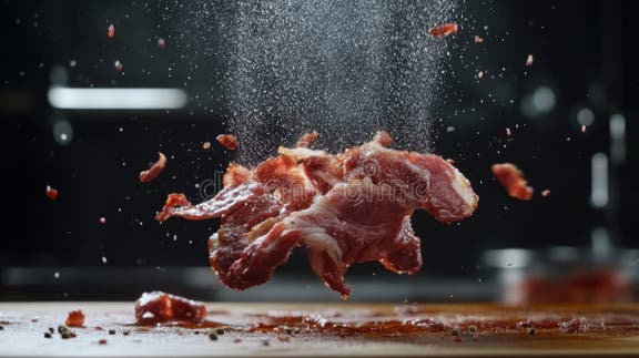 Crispy Bacon Pieces Falling on Wooden Board Stock Illustration ...