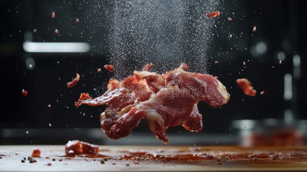 Crispy Bacon Pieces Falling on Wooden Board Stock Illustration ...