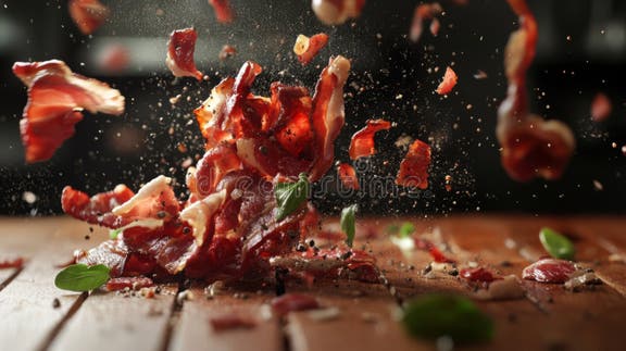 Crispy Bacon Pieces Falling on Wooden Table Stock Illustration ...
