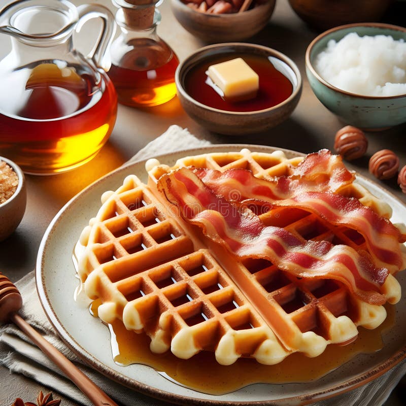 Crispy Bacon Resting on Delicious Waffles, Covered in Maple Syrup, for ...