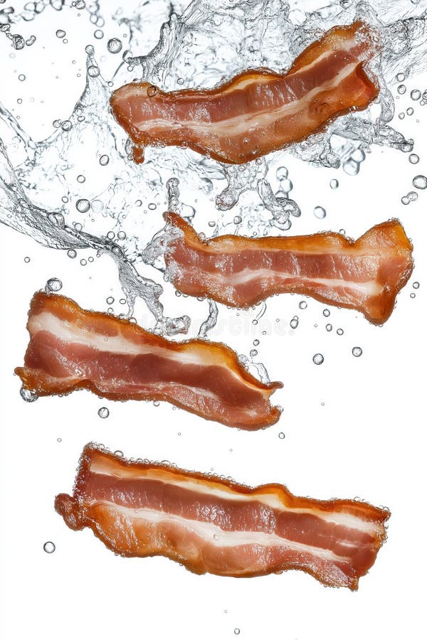 Crispy Bacon Slices Falling in Water Splashing on White Background ...