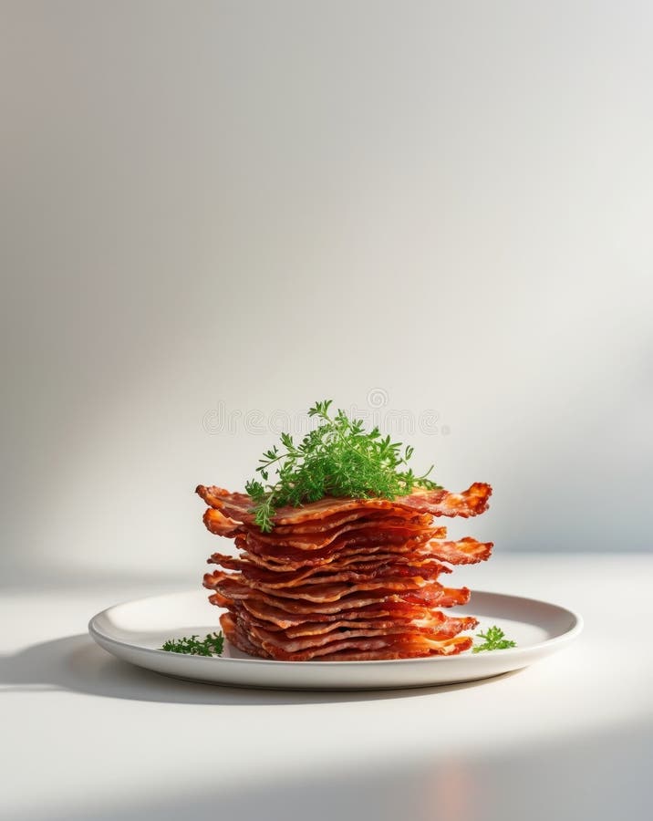 Crispy Bacon Stack with Fresh Herbs Garnish on Plate Stock Photo ...