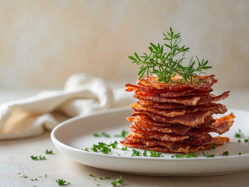 Crispy Bacon Stack with Fresh Herbs Garnish on Plate Stock Photo ...