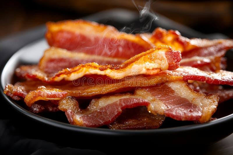 Crispy Bacon Strips on a Black Plate with Steam Rising Stock ...
