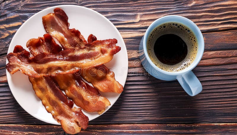 Crispy Bacon Strips and Coffee on Wooden Table Stock Illustration ...