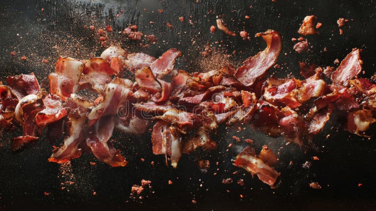 Crispy Bacon Strips Flying Against Dark Background Stock Illustration ...