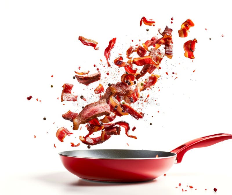 Crispy Bacon Strips Flying Out from Red Pan Isolated on White ...